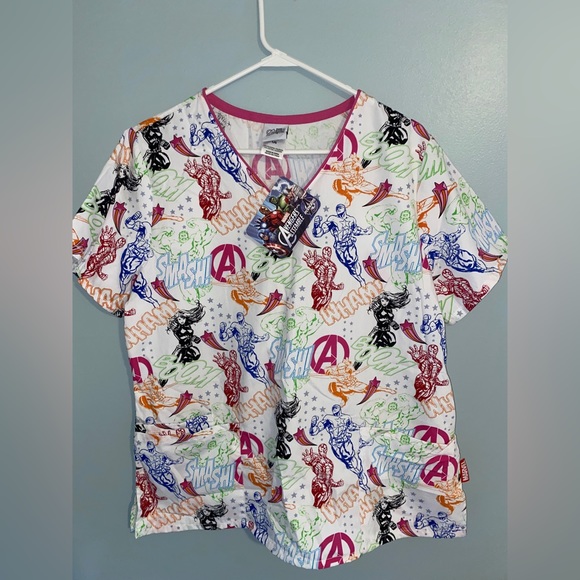 Marvel | Tops | Scrubs Scrub Top Cartoon Avengers Superhero Comic Book ...